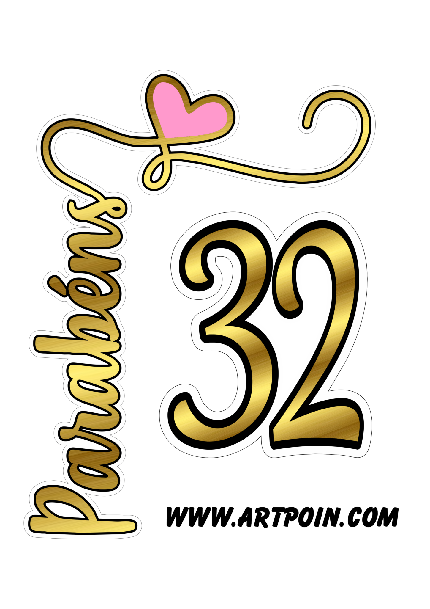Topo de bolo parabéns dourado com rosa 32 anos png Topo de bolo parabéns dourado com rosa 32 anos png