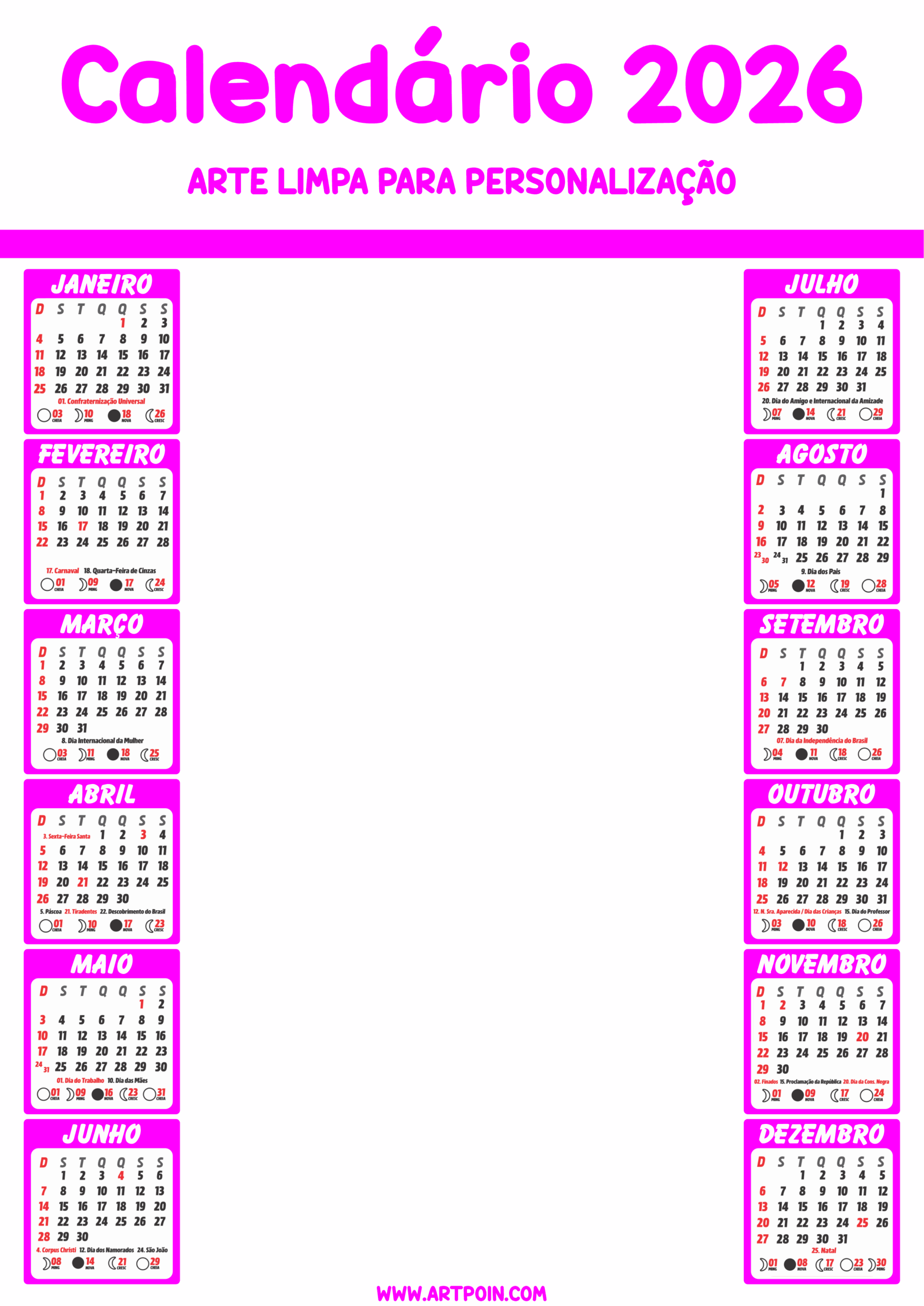 Calendário 2026 rosa artes limpas para personalização com fundo ...