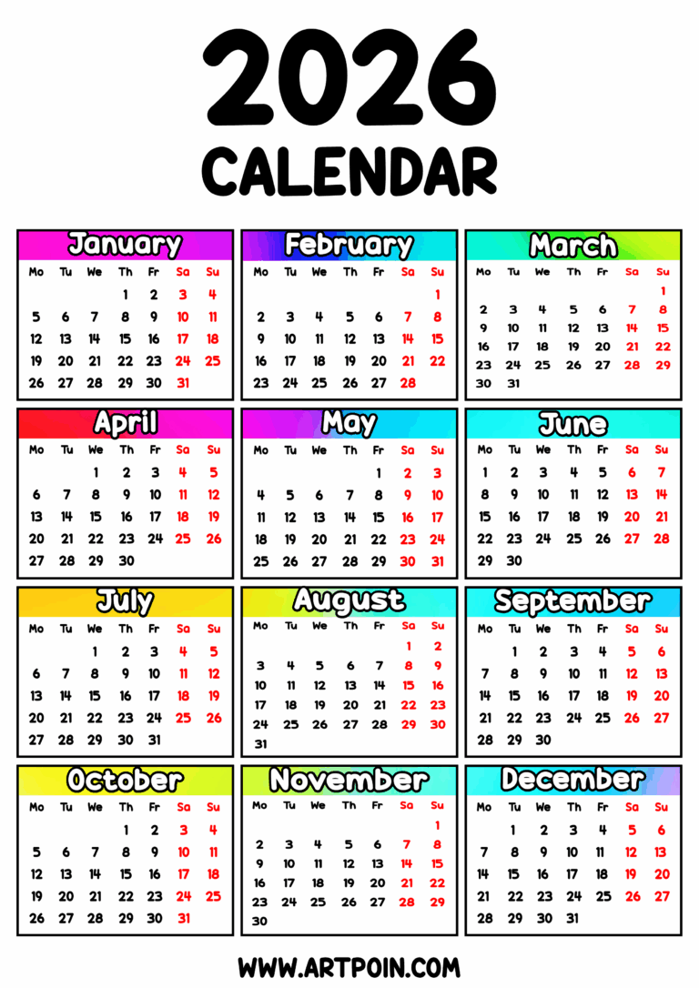 2026 calendar editable printable multi colors rainbow free arts and ...